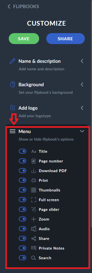How can I make my flipbook's menu invisible?