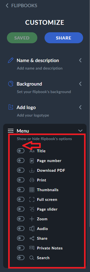 How can I make my flipbook's menu invisible?